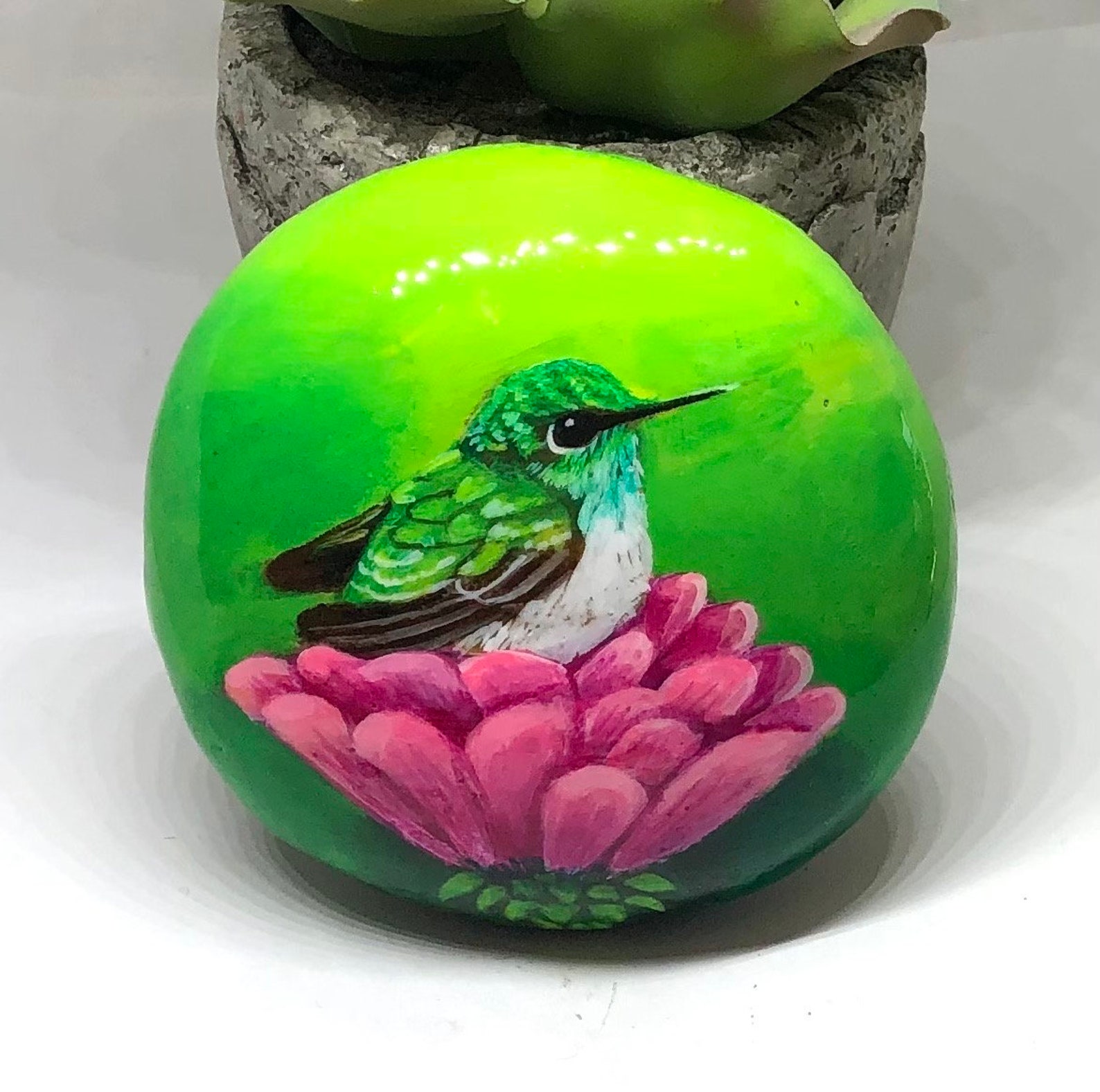 Cute Little Hummingbird Sitting on Flower Painted Rock for Gifts ...
