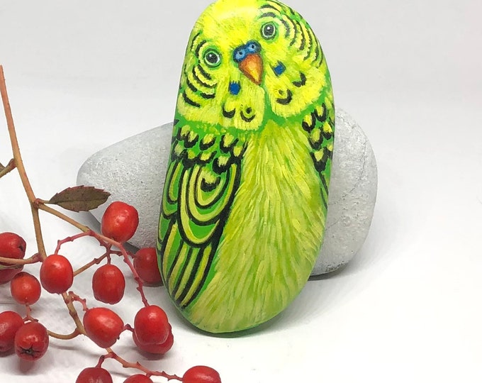 Green Parakeet Painted Rocks, Unique Painted Stone Gifts for Bird ...