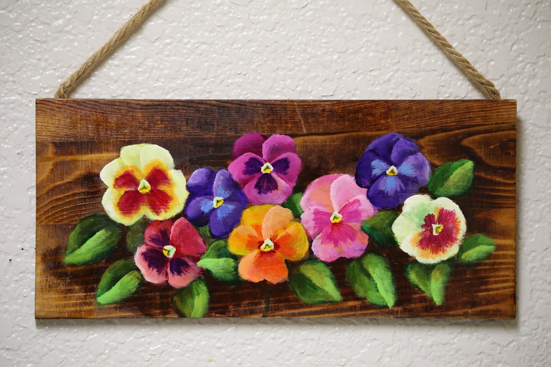Pansy Painting on 12 X5.5 Inch Wood, Spring Door Hanger, Rustic Spring ...