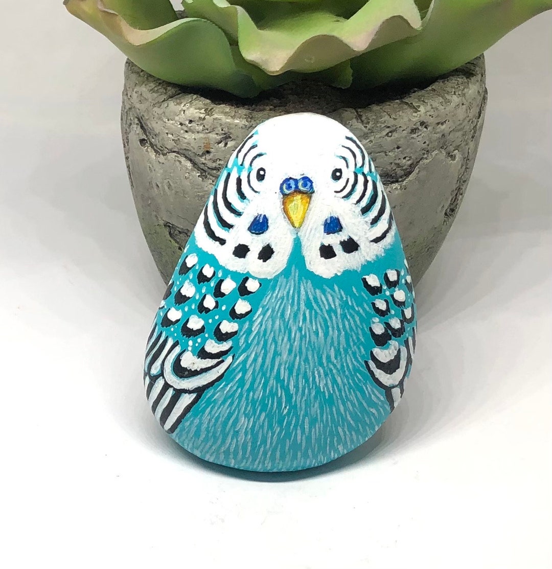 Blue Parakeet Painted Rocks, Unique Painted Stone Gifts for Bird Lovers ...