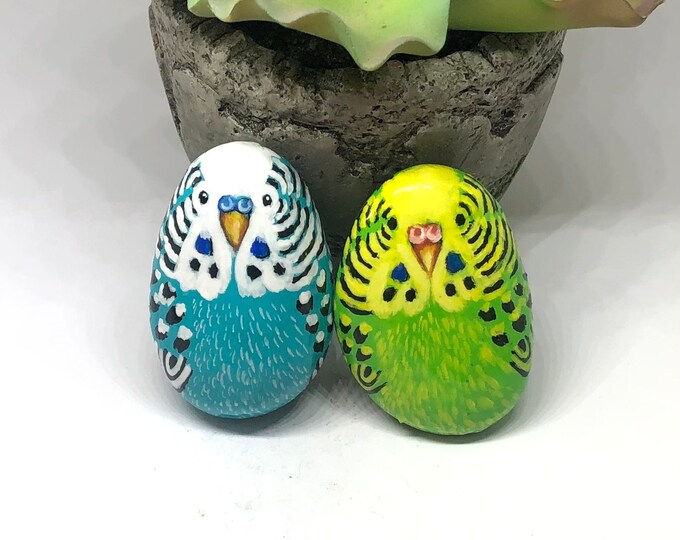 Green and Blue Parakeet Painted Rocks, Unique Painted Stone Gifts for ...