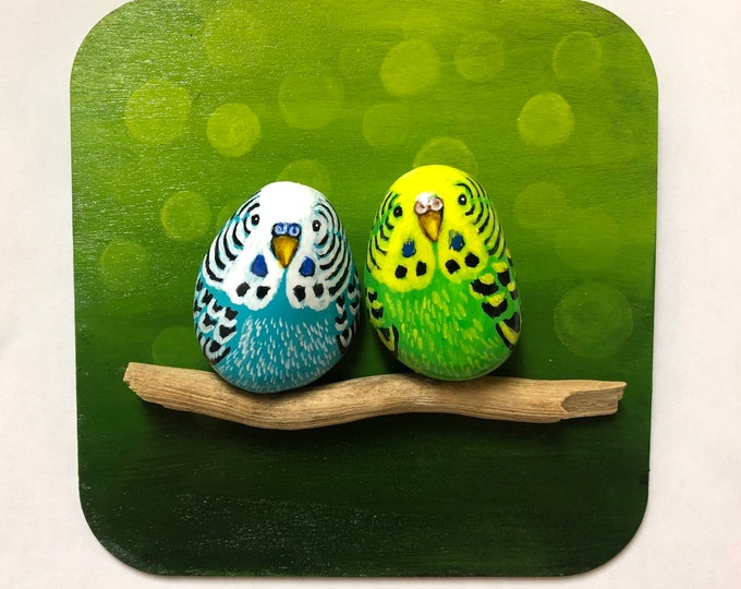 Small Wall Art 5X5 Inches With Blue and Green Parakeet Couple Painted ...