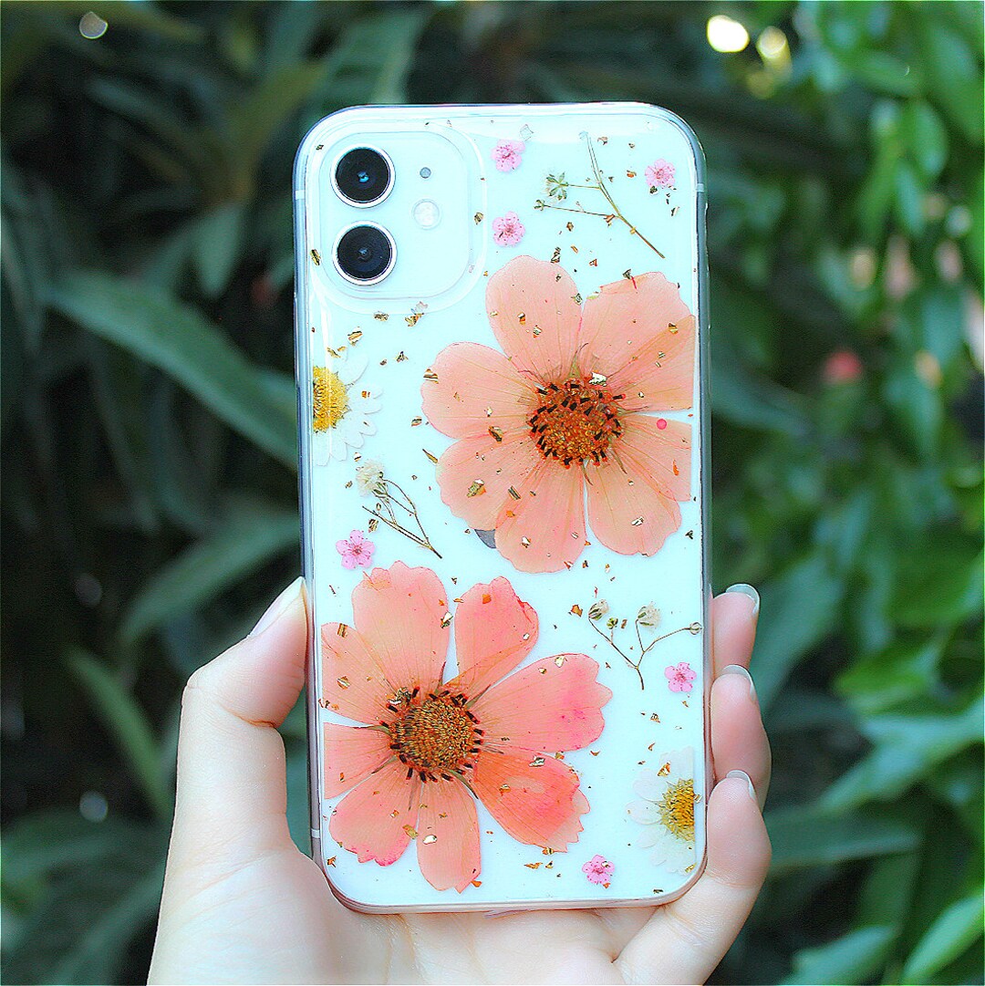 Pressed Flower iPhone 12 Case: Pink Flowers & Gold Flakes - Etsy