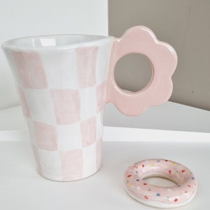 Large Pink Checkered Mug With Flower Handle, Unique Handmade Bistro Mug ...