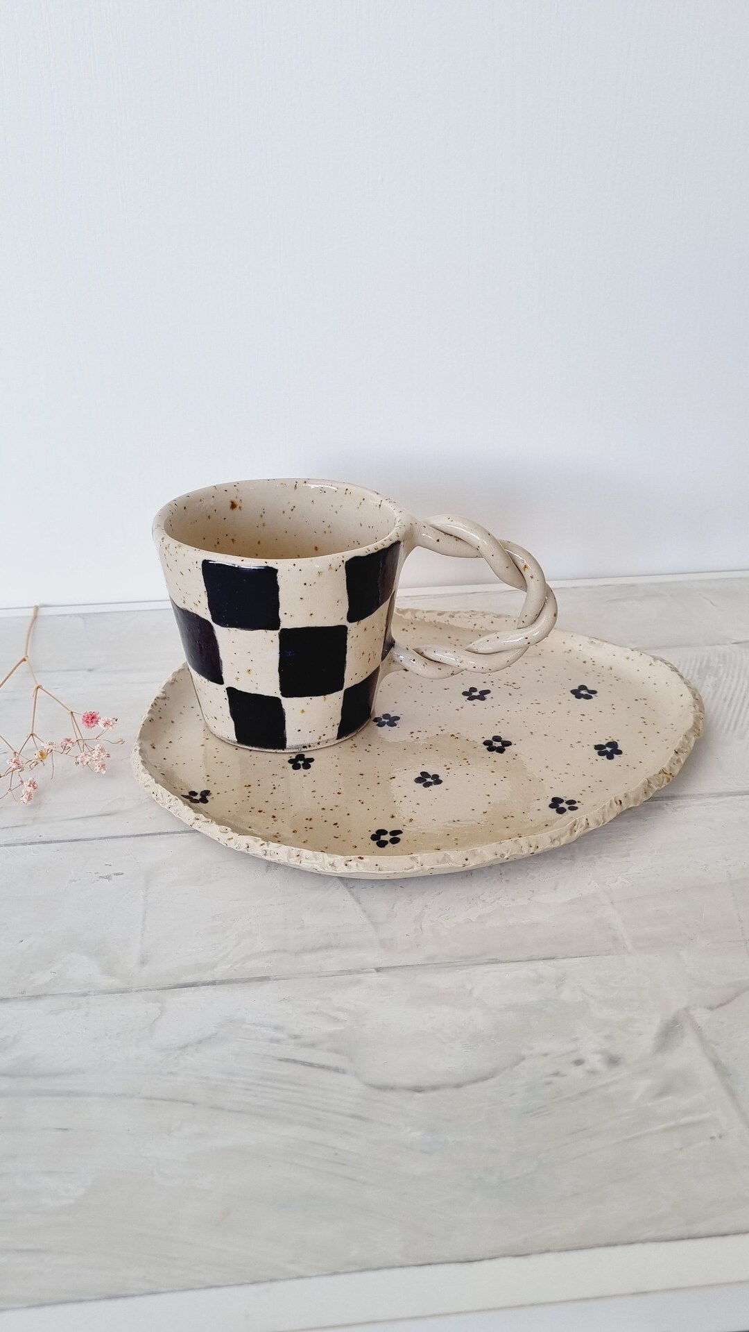 Black Checkers Mug Handmade Hand Painted Plate With Flowers Mug and ...
