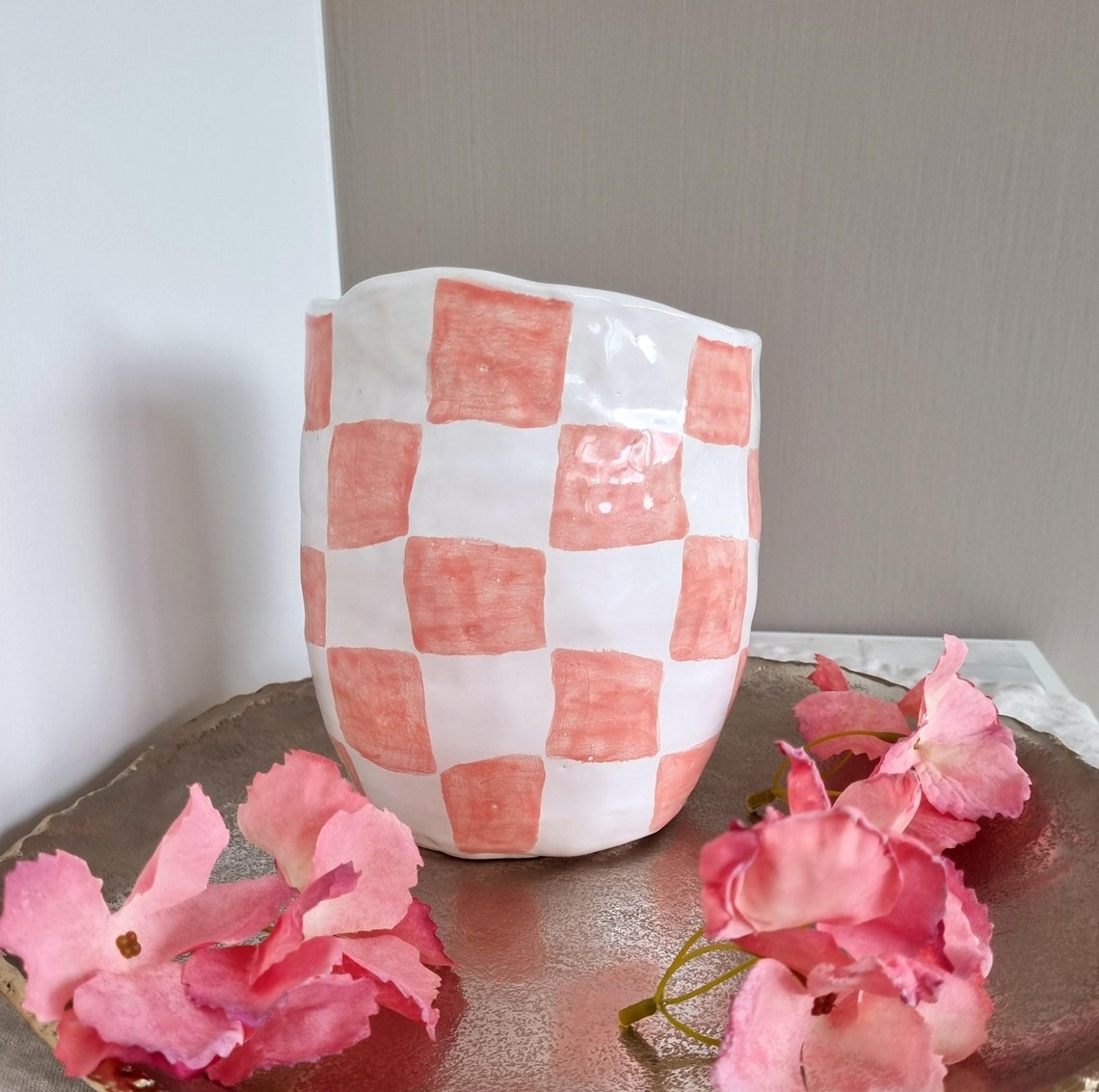 Handmade Pink Checkers Ceramic Vase: Eclectic Home Decor - Etsy