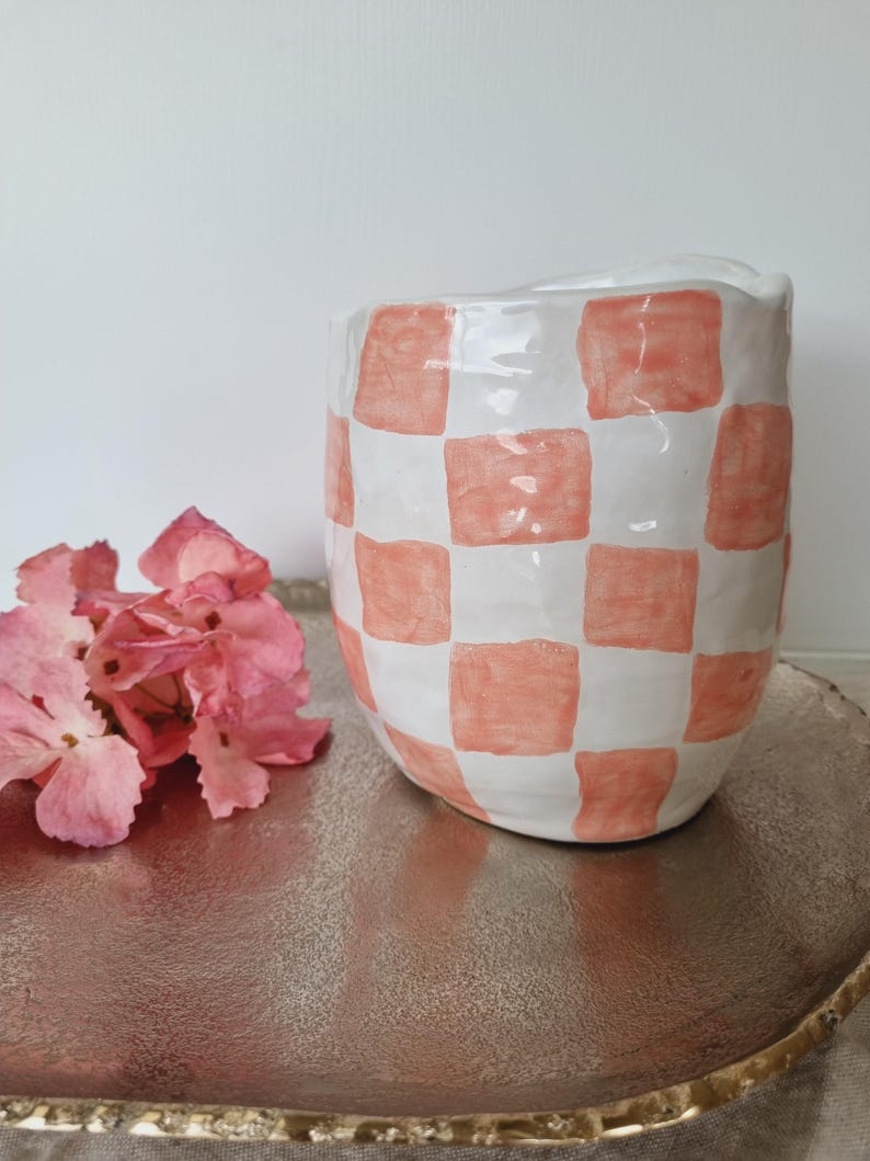 Handmade Pink Checkers Ceramic Vase: Eclectic Home Decor - Etsy