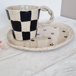 Black Checkers Mug Handmade Hand Painted Plate With Flowers Mug and ...