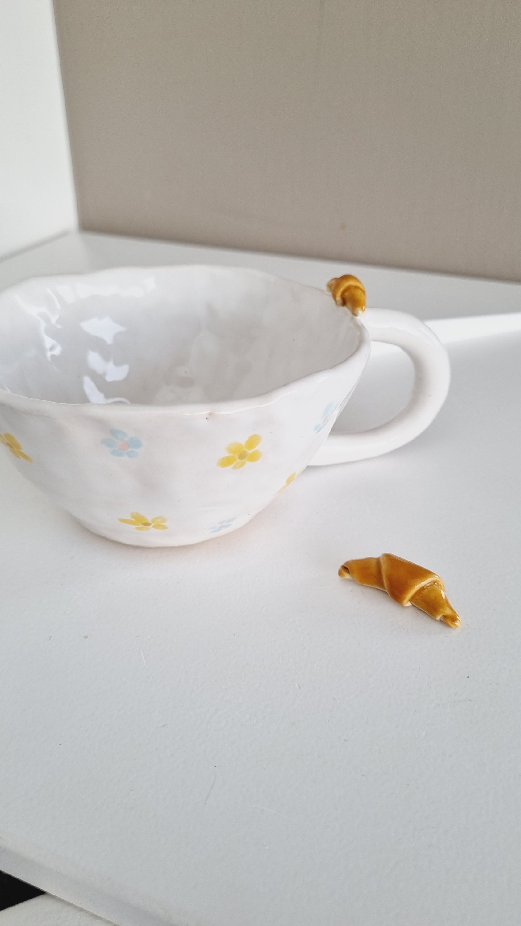 Cute Croissant Mug, Lovable Girly Cup Handpainted With Flowers ...