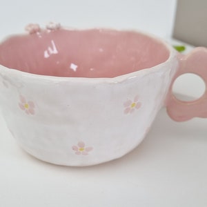Pink Ceramic Mug With Flowers Handmade, Flower Handle, Hand Built Cute ...