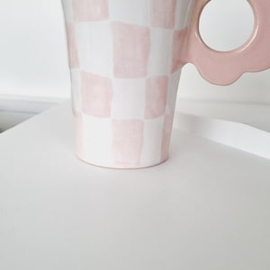 Large Pink Checkered Mug With Flower Handle, Unique Handmade Bistro Mug ...