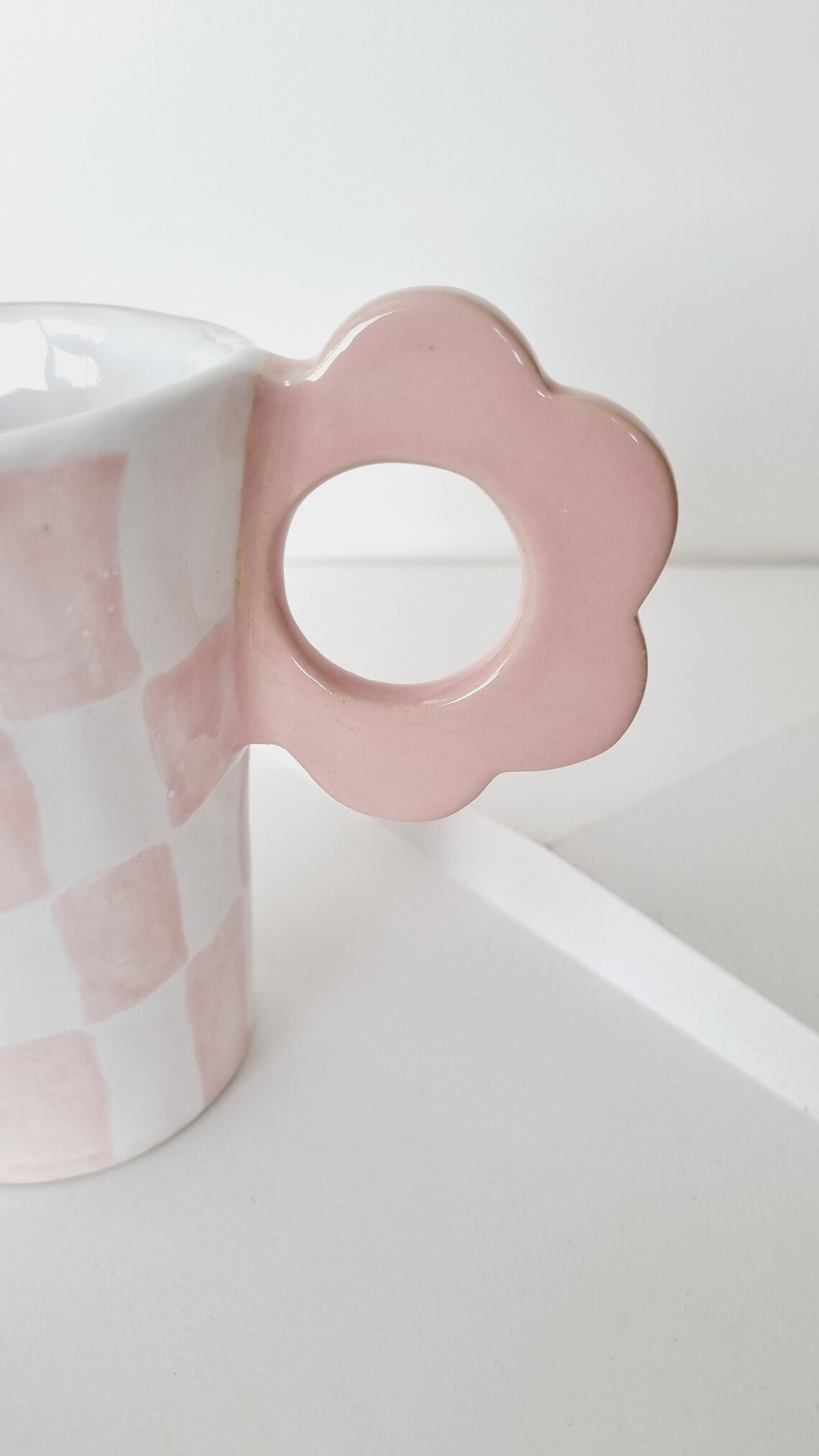 Large Pink Checkered Mug With Flower Handle, Unique Handmade Bistro Mug ...