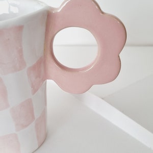 Large Pink Checkered Mug With Flower Handle, Unique Handmade Bistro Mug ...
