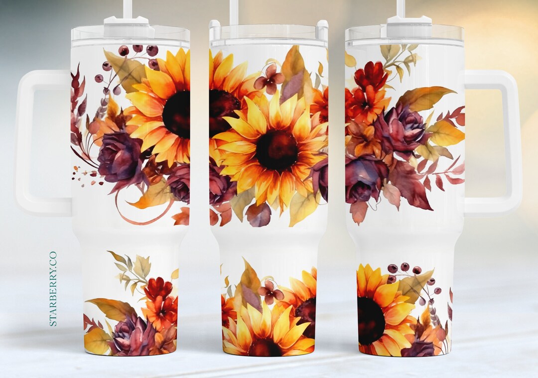 Sunflowers Fall Autumn 40oz Quencher Tumbler Wrap, Burgundy Tumbler Png ...