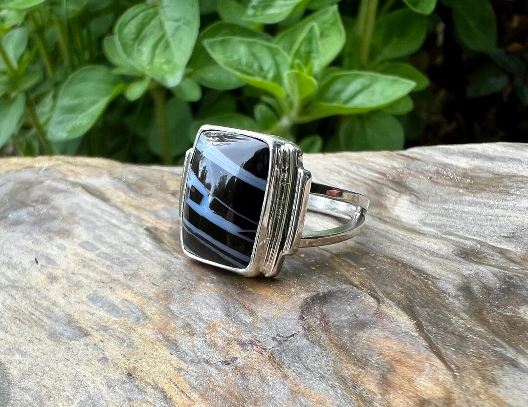 Black Chert Sterling Silver Ring, Black Art Deco Ring, Black Size 7 ...
