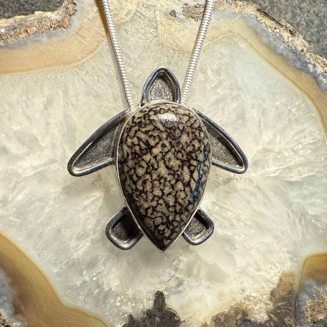Petrified Dinosaur Bone and Antiqued Sterling Silver Sea Turtle Pendant ...