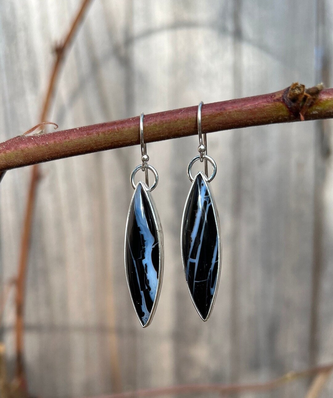 Black Chert Sterling Silver Drop Earrings Marquise Shaped - Etsy