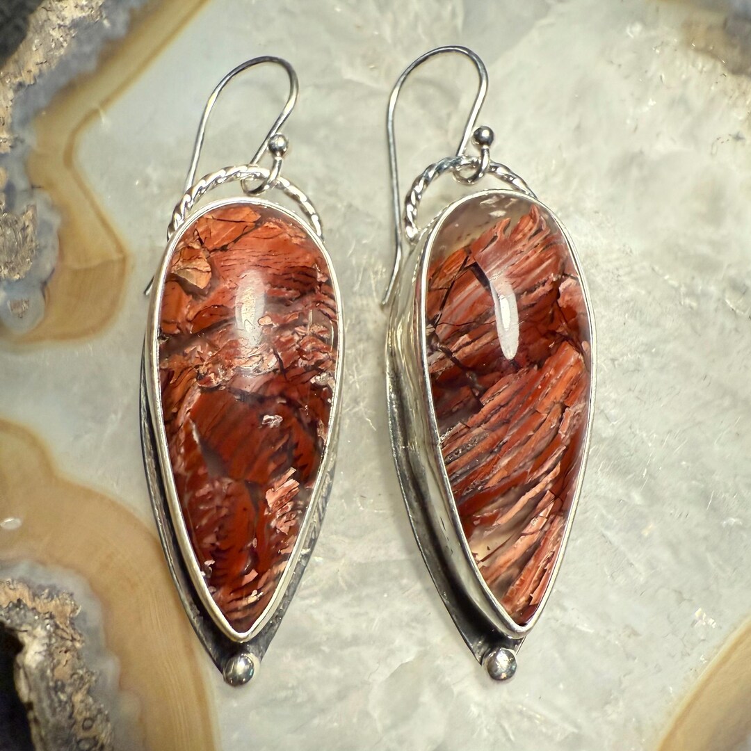 Howardite, Royal Flamingo, Rattlesnake Jasper Silver Drop Earrings ...