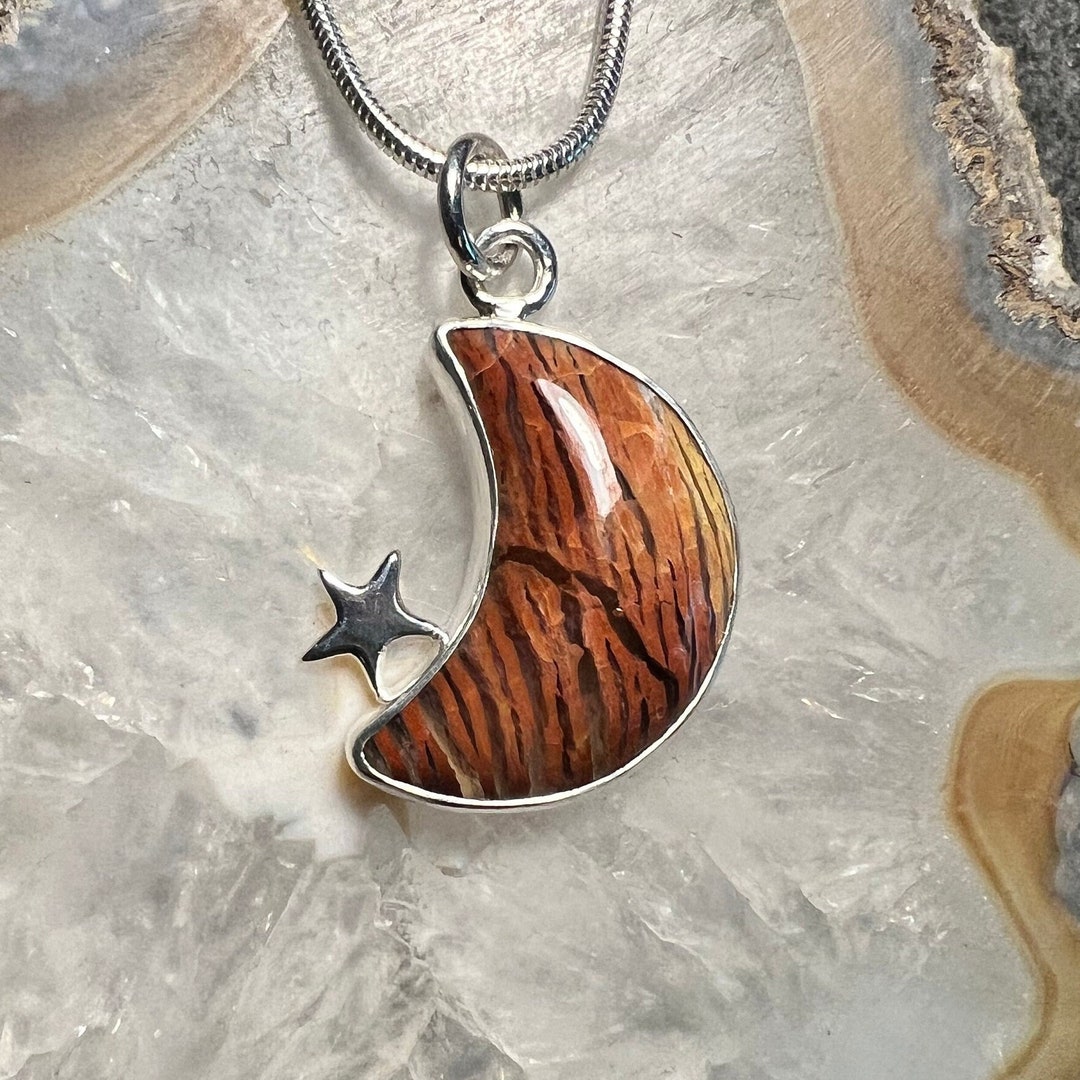 Howardite Sterling Silver Moon and Star Pendant, Royal Flamingo Jasper ...