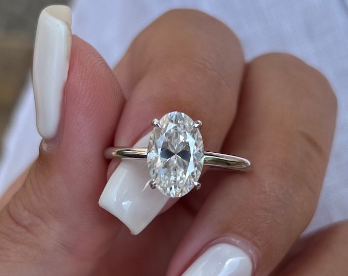 2 Carat Oval Solitaire Moissanite Engagement Ring, Low Profile Setting ...