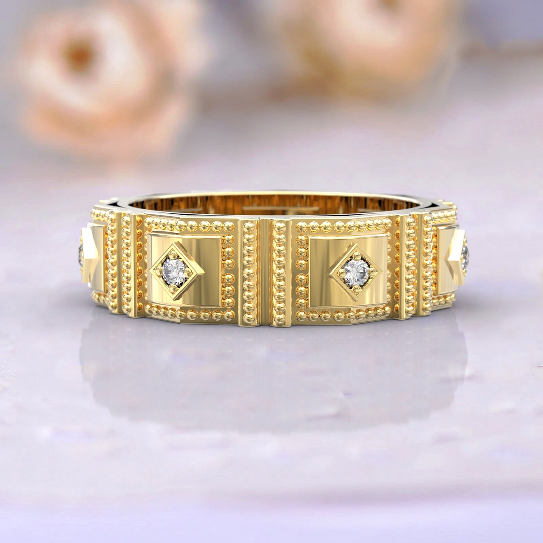 Wide Diamond Wedding Band 14k Gold Ring - Etsy
