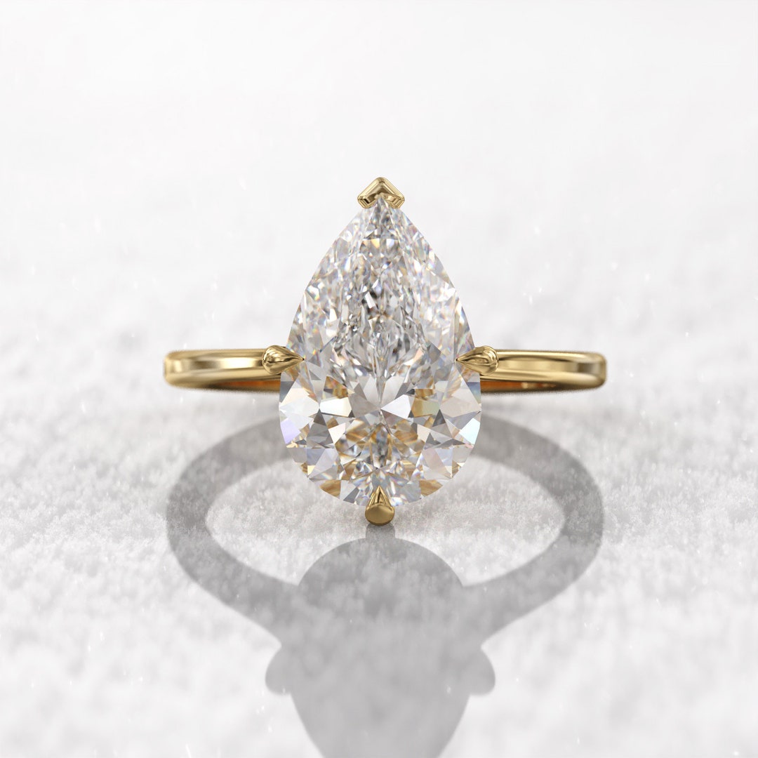 Pear Shaped Moissanite Engagement Ring, 3ct Solitaire 14\18K Solid Gold ...