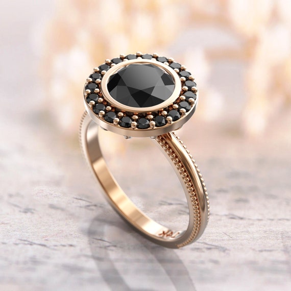 1 Carat Center Stone Black Diamond Engagement Ring with 0.28 Carat Halo Black Diamonds Art Deco Engagement Ring 14K Rose Gold