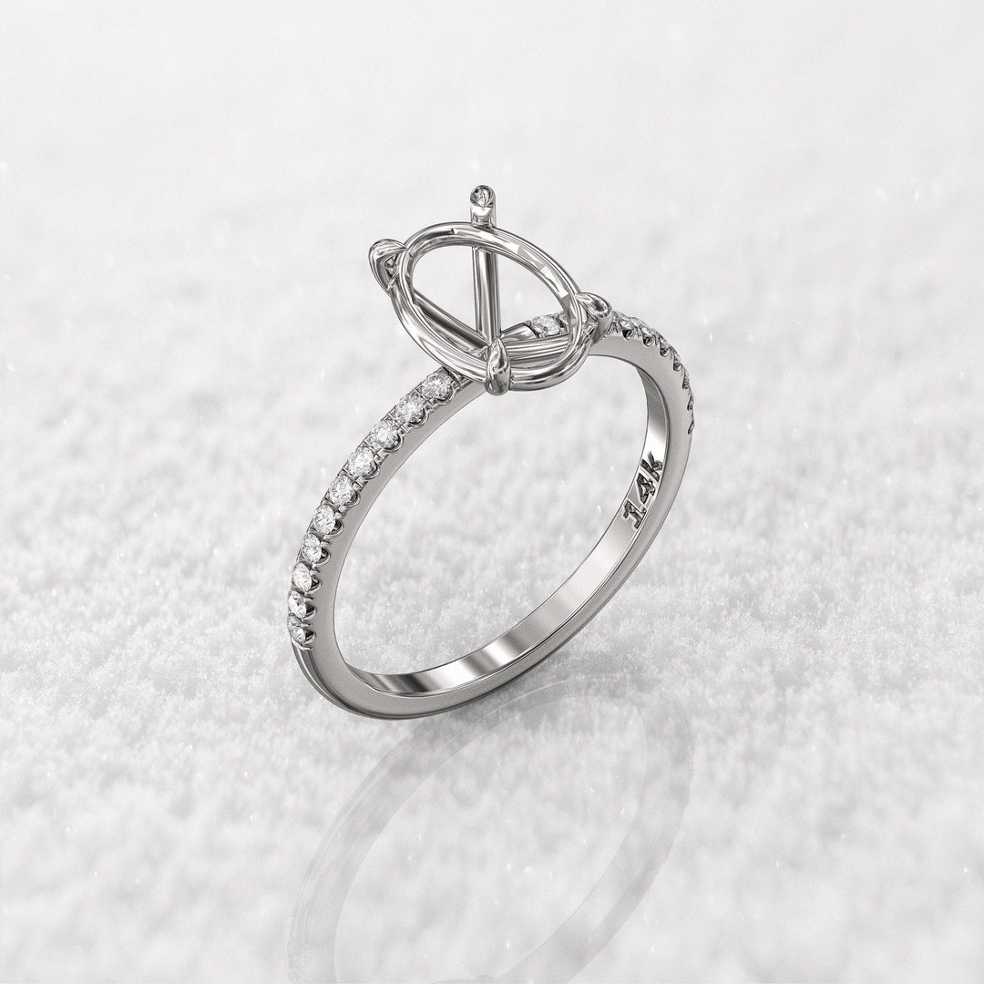 Semi Mount - Oval Engagement Ring, 4 Prong Oval Settings Thin Pave Lab ...