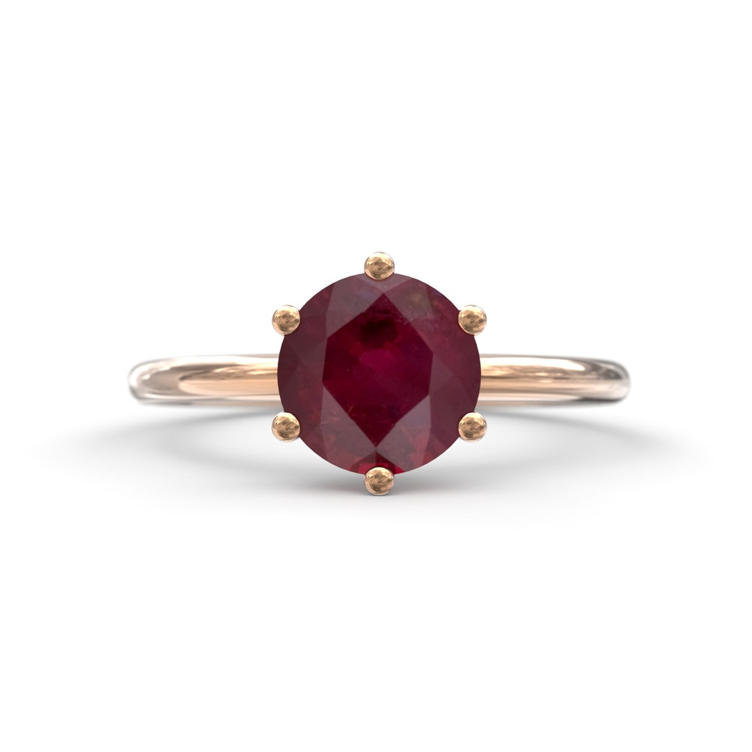 Ruby Ring Round Cut 1 Carat Red Gemstone Rose Gold Ruby Engagement Ring ...
