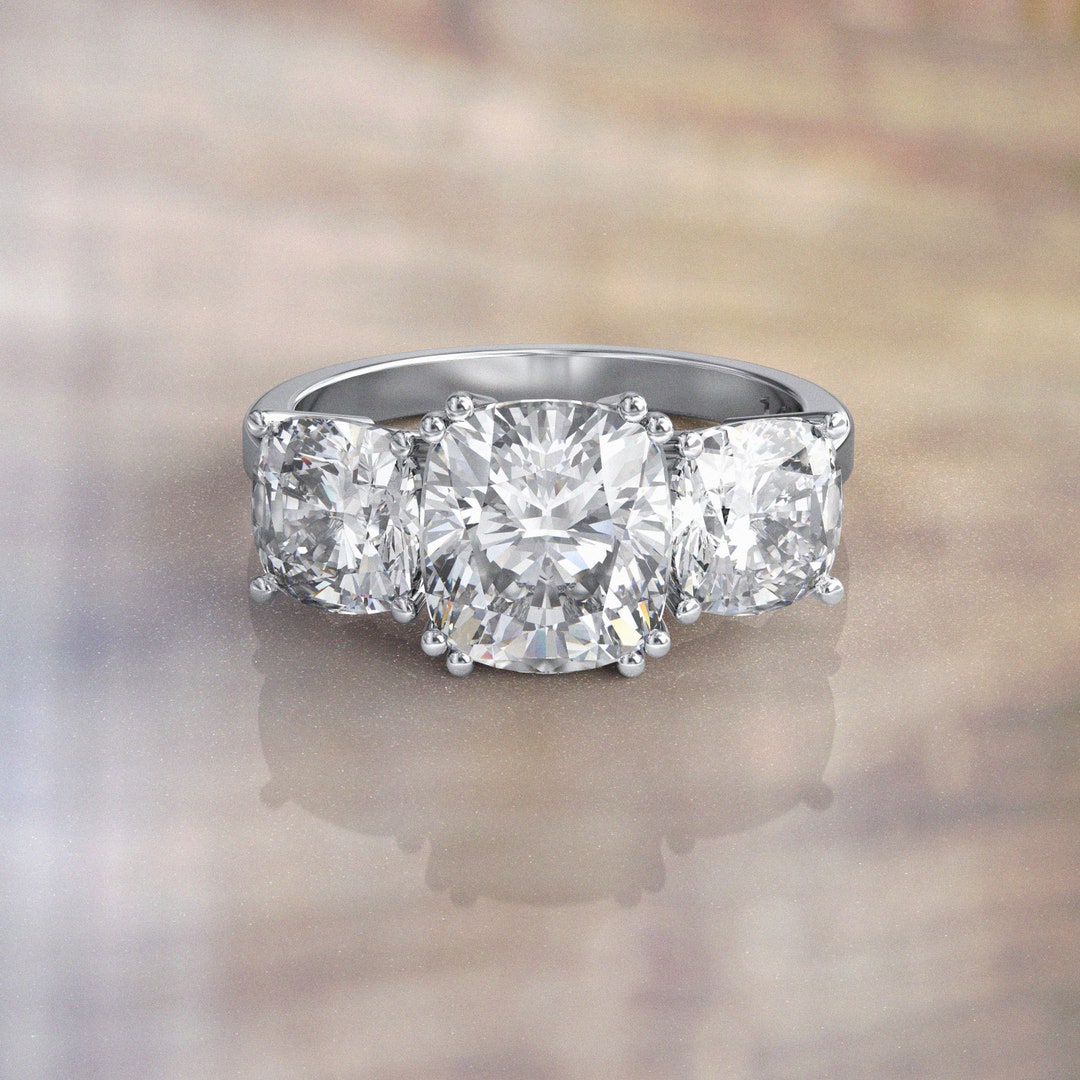 3 Stone Cushion Cut Moissanite Engagement Ring, 2 Carat Cushion Cut, 1 ...