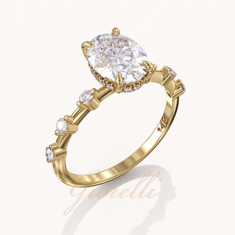 Oval Moissanite Hidden Halo Engagement Ring, Dainty Diamond Band, 14K ...