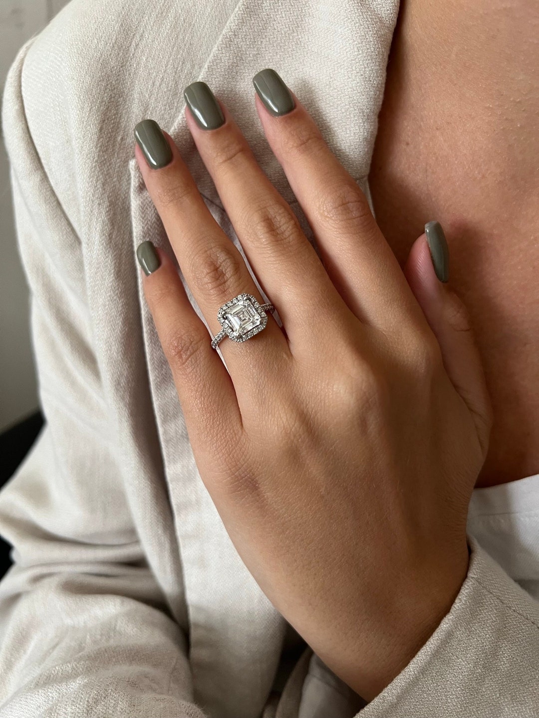 2.5 Carat Lab Grown Diamond Square Emerald Engagement Ring, Halo ...