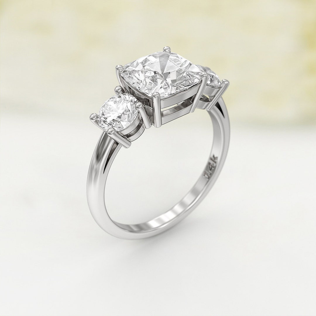 3 Stone Diamond Meghan Ring, 2 Carat Cushion IGI Certified Lab Grown ...