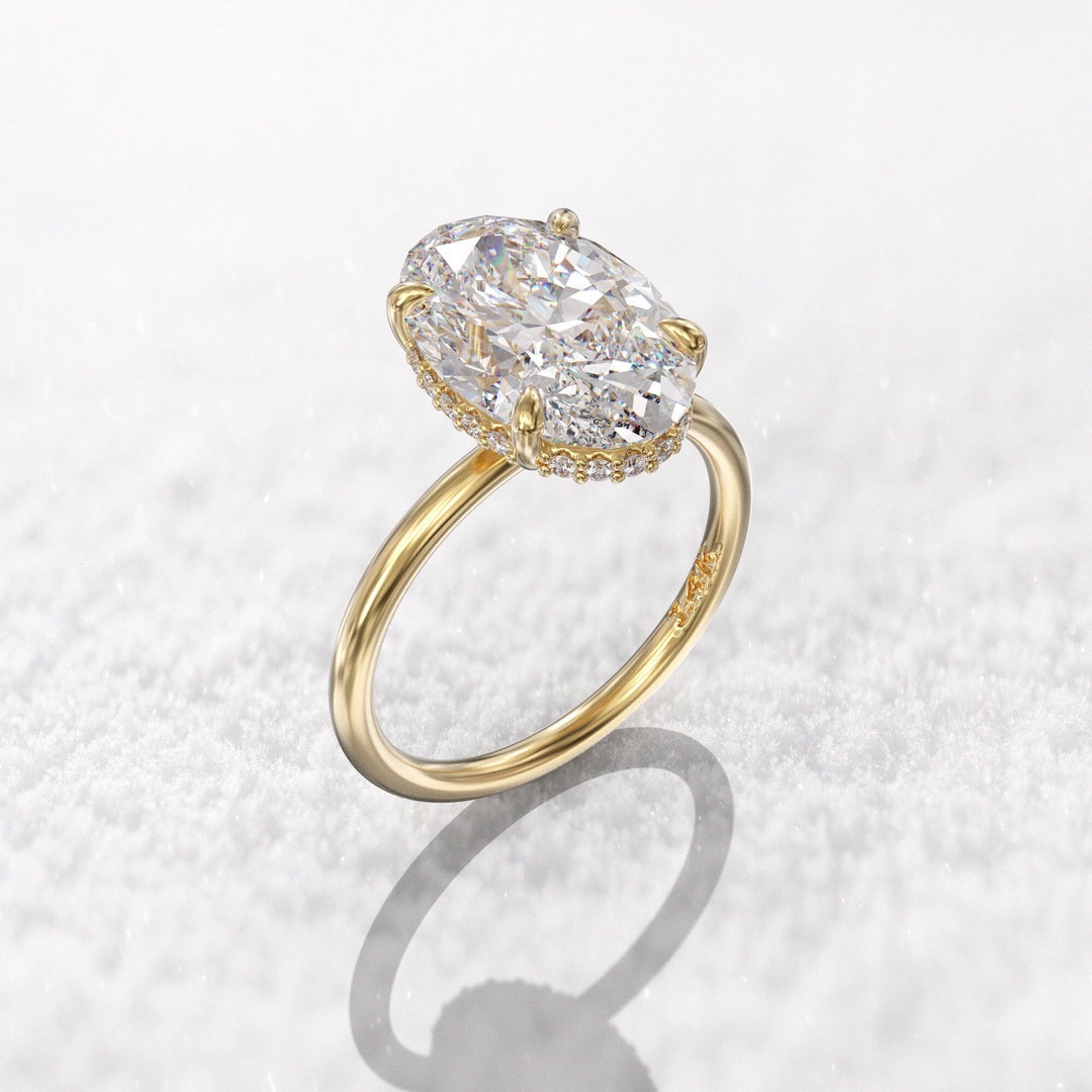 Hidden Halo Engagement Ring 3 Carat Solitaire Oval Moissanite Ring 12x8 Mm Oval 14k 1.5mm Thin Band 0.11 Ct Hidden Halo Diamond Etsy