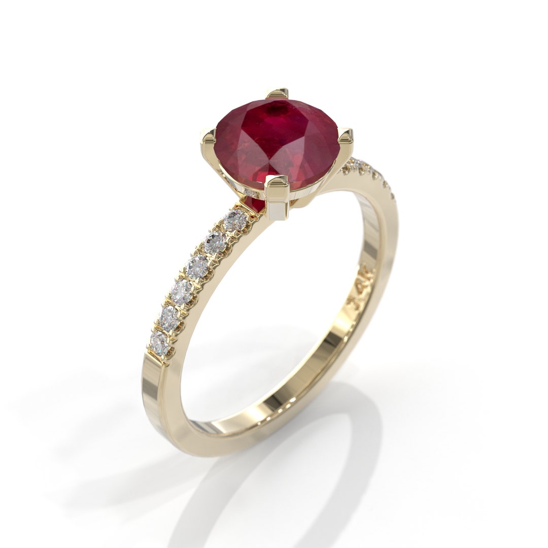 Ruby Ring With Diamonds 14K Gold Round Cut 1.5 Carat Ruby Red Gemstone ...