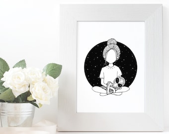 Alien Friend Art Print, Outer Space Wall Decor, Black and White Poster ...