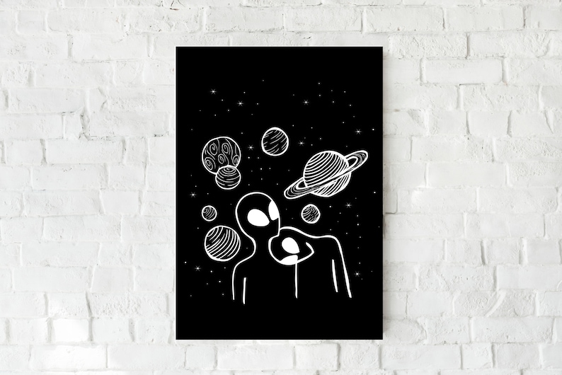 Alien Friend Art Print Outer Space Wall Decor Black and | Etsy