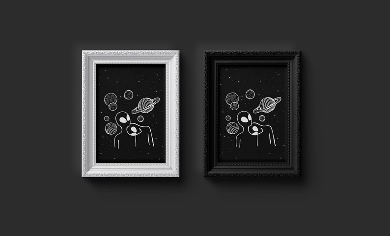 Alien Friend Art Print Outer Space Wall Decor Black and | Etsy