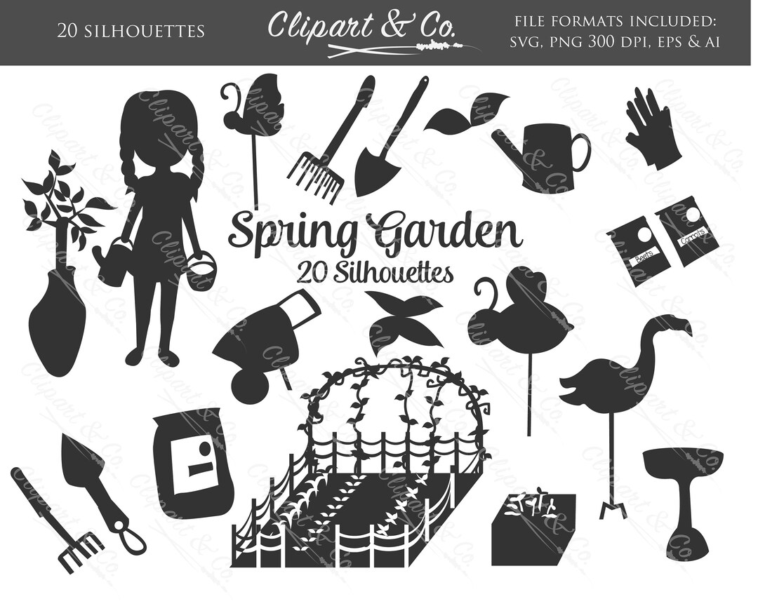 SVG Silhouette Spring Garden Clipart, 20 Black and White Design ...