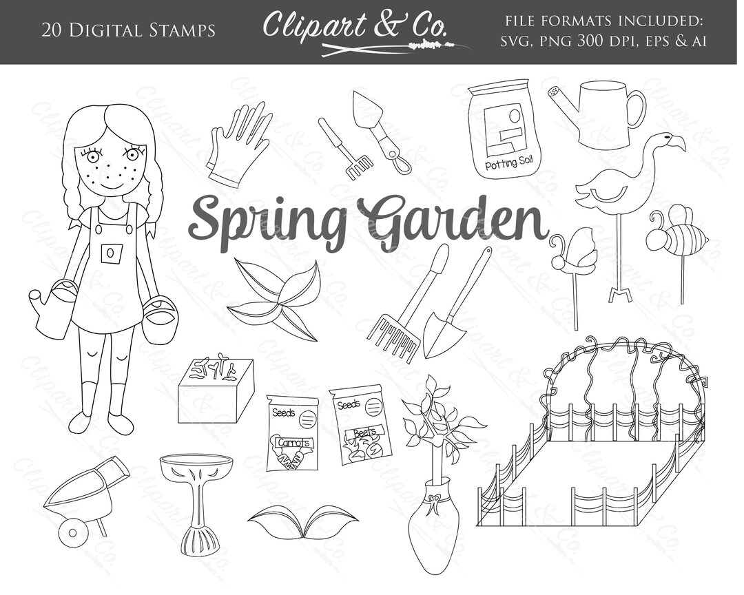 Garden Line Art, Garden Tools Clipart, Black and White Design Elements ...