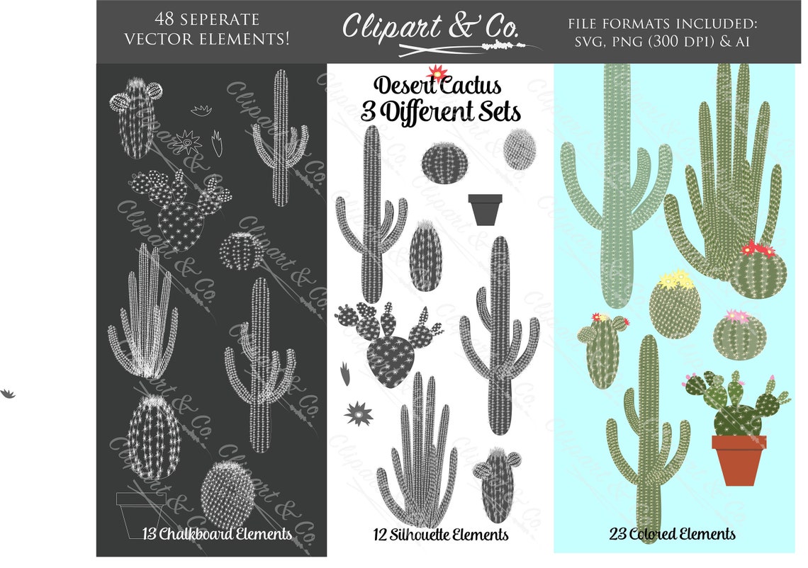 SVG Cactus Clip Art Bundle Design Elements 48 Vector Images, Digital ...