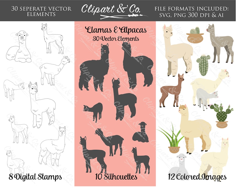 Llama Alpaca Clip Art, Animal SVG Clipart 30 Vector Images, Cactus Clip ...