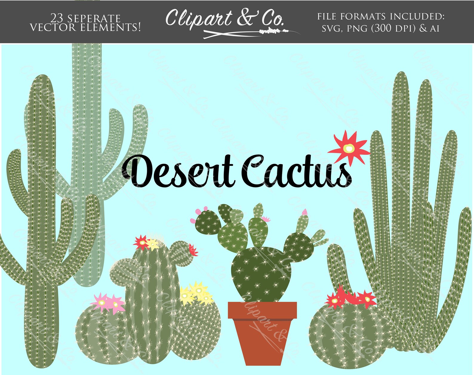 SVG Cactus Clip Art Bundle Design Elements 48 Vector Images, Digital ...