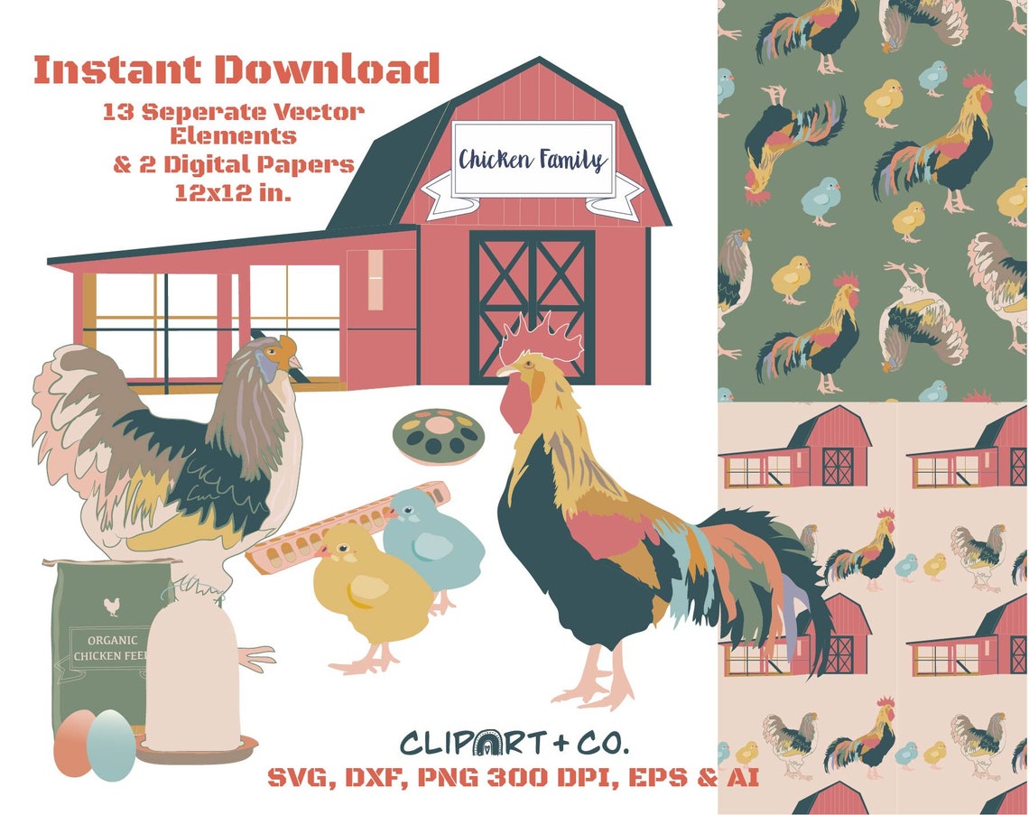 Chicken Farm Animal Clipart Chicken Digital Paper Rooster - Etsy