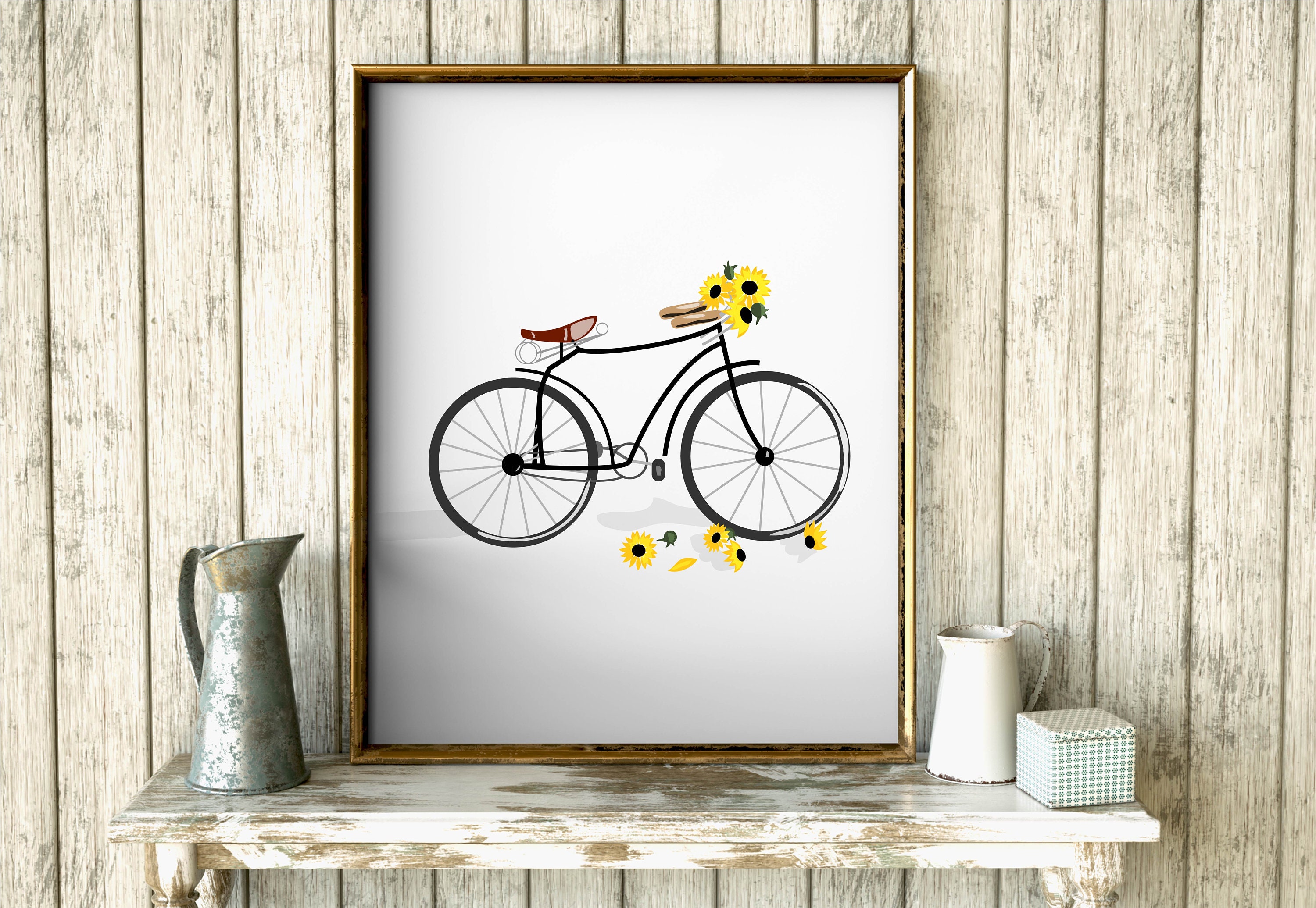Bike Sunflower Printable Wall Art Vintage Bicycle and Sunflowers ...