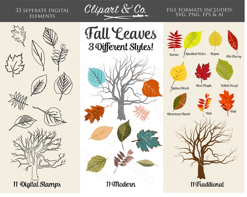 Fall Leaves Clipart SVG Tree Clip Art Design Elements 33 Vector Images ...