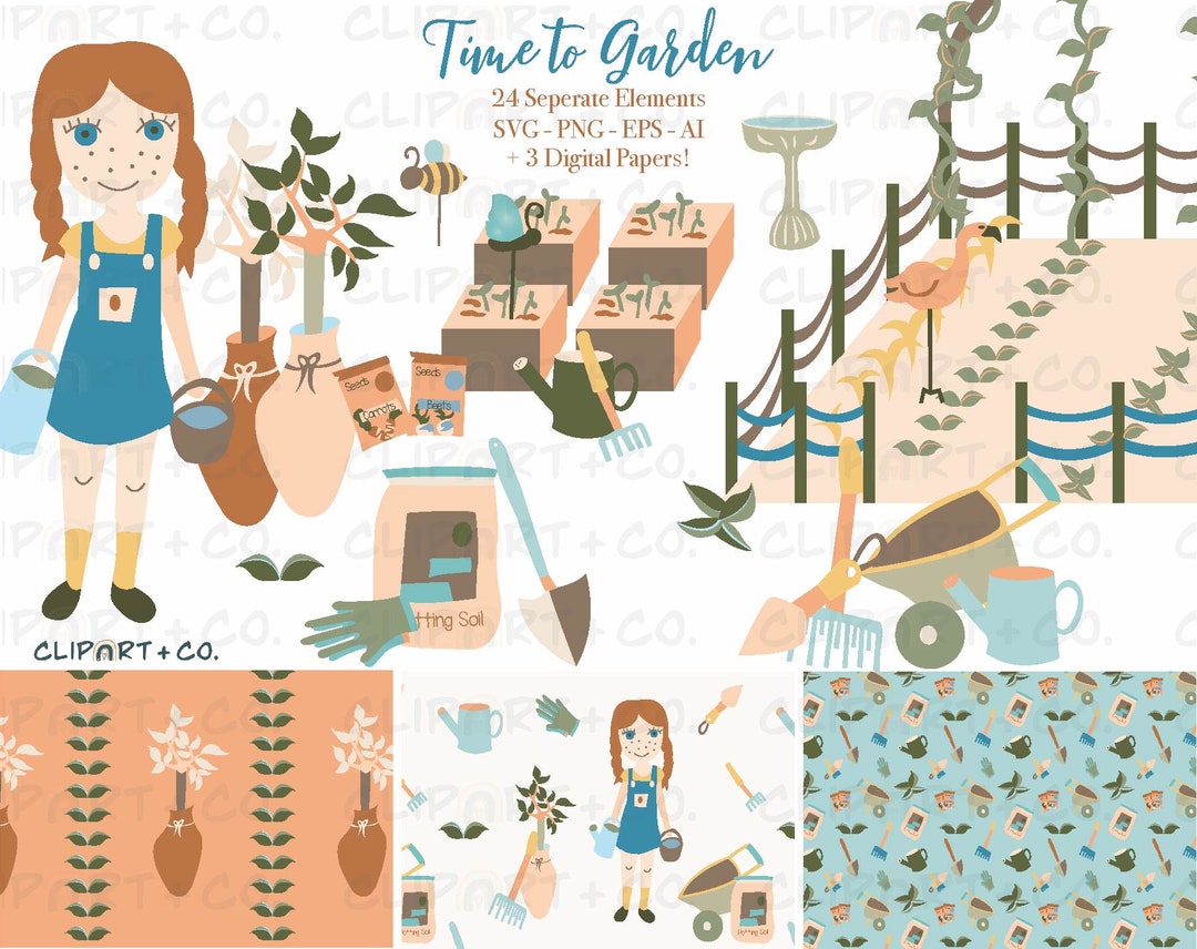 Spring Garden Clipart Bundle, Garden Digital Papers, Garden Girl SVG ...