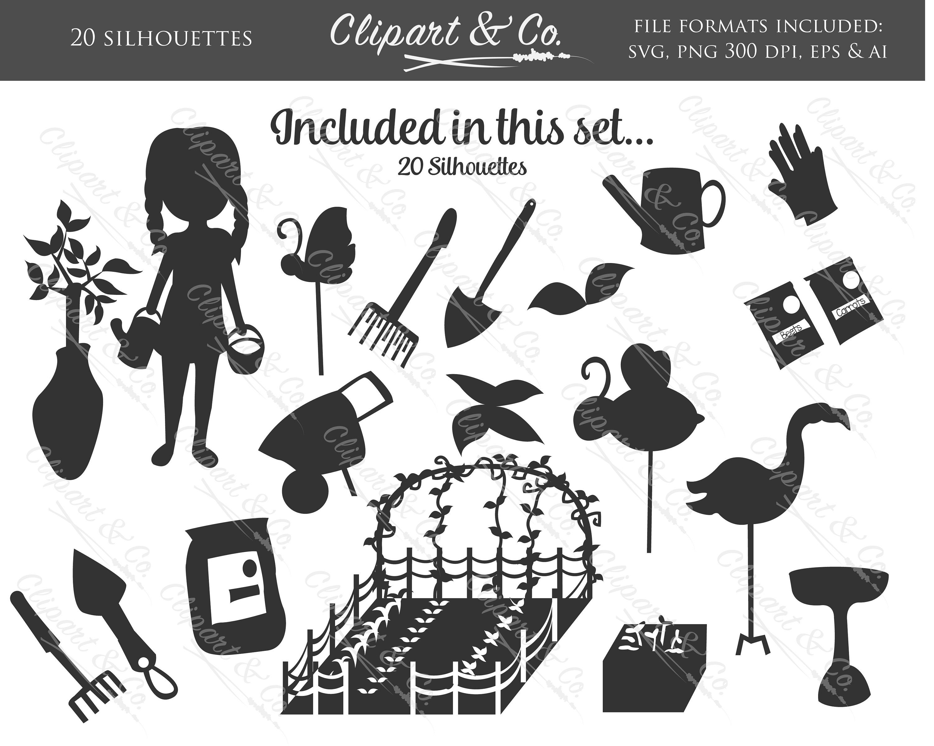 SVG Silhouette Spring Garden Clipart, 20 Black and White Design ...