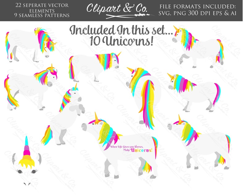 SVG Unicorns Rainbow Clipart Seamless Patterns 22 Design Elements ...