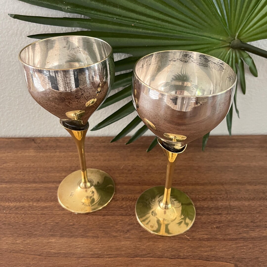 Pair of Vintage Silver and Brass Wedding Goblets Wine Glasses Communion ...